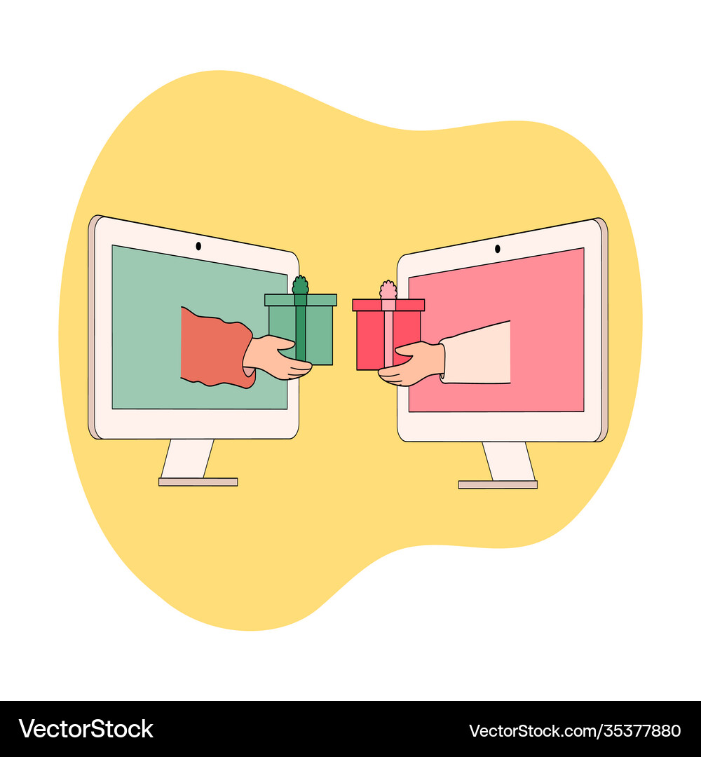 Laptops screens with human hands giving presents Vector Image