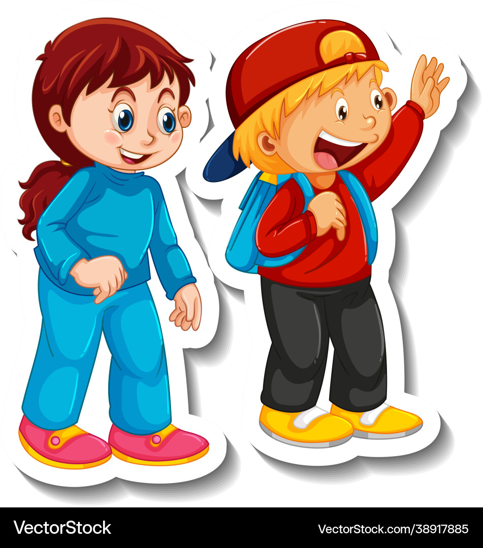 Sticker template with couple kids students Vector Image