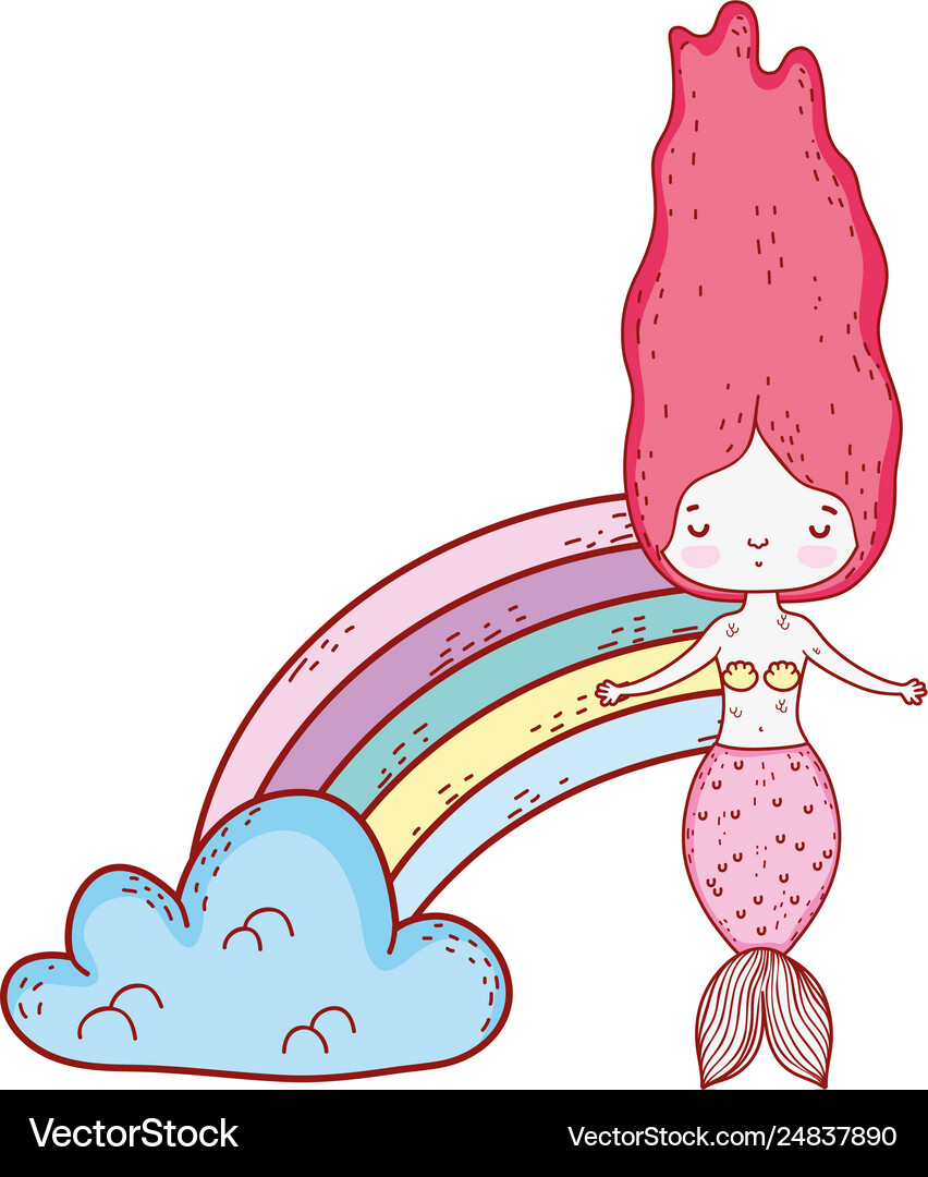 Cute mermaid with clouds and rainbow Royalty Free Vector