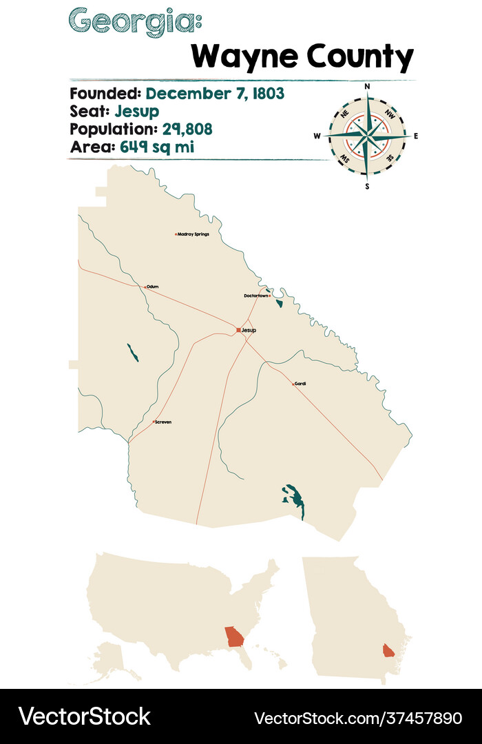 Map wayne county in georgia Royalty Free Vector Image