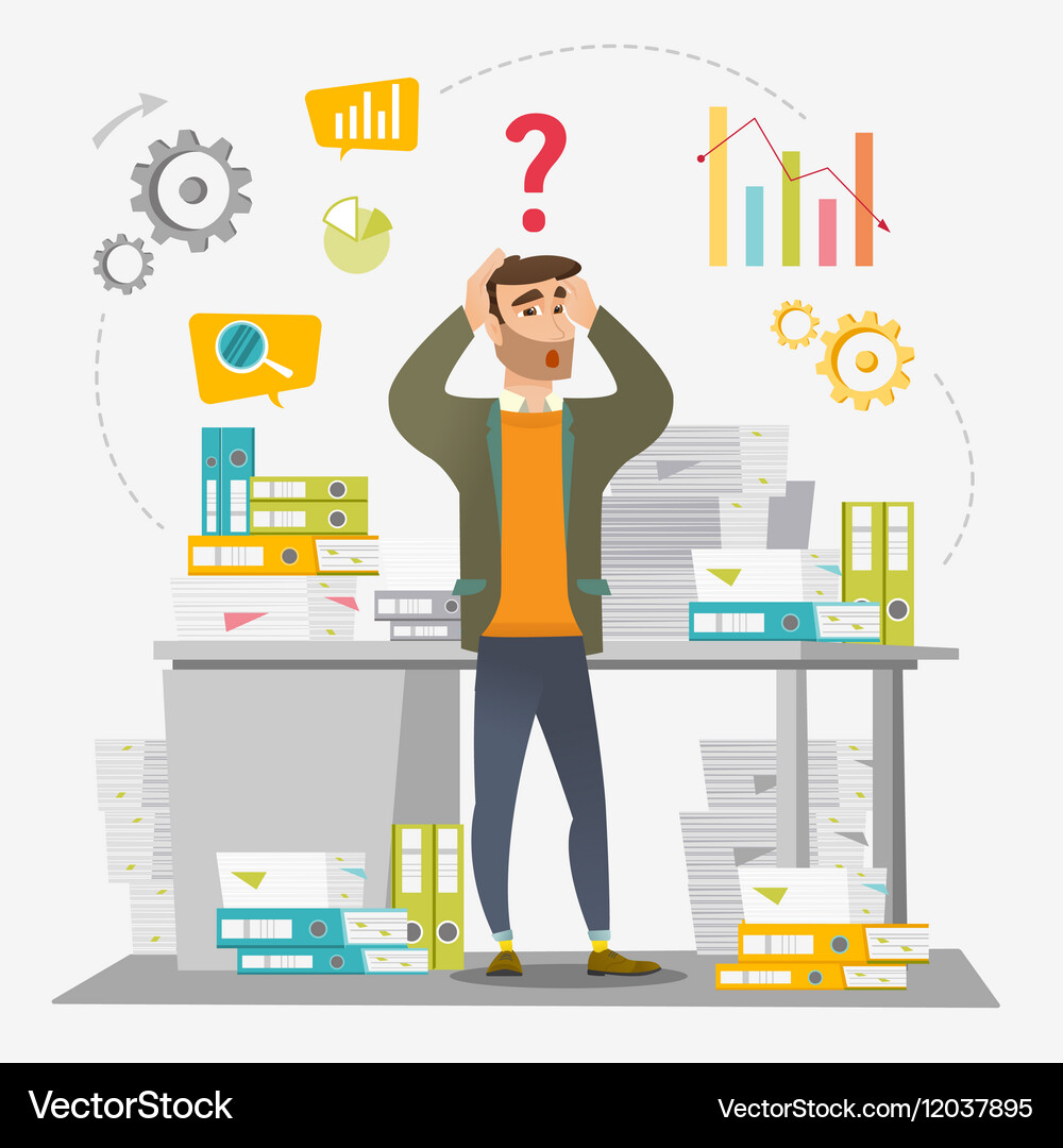 Businessman overloaded with work with papers Vector Image