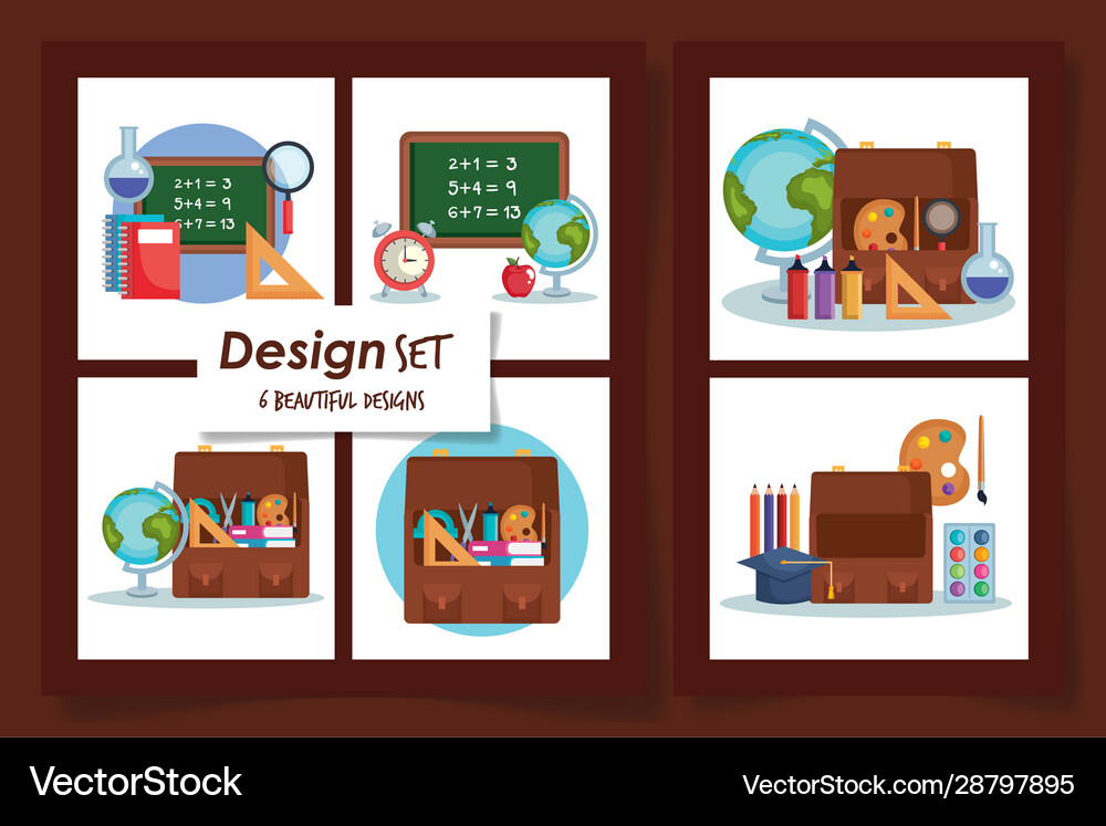 Six designs school education supplies Royalty Free Vector