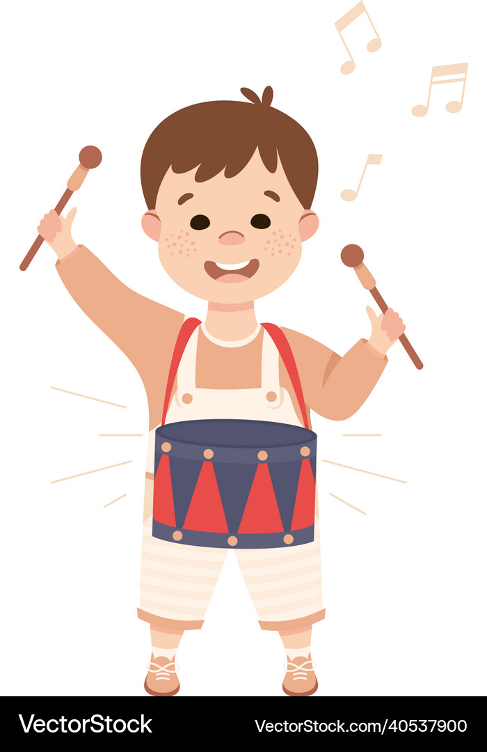 Funny boy playing drum musical instrument Vector Image