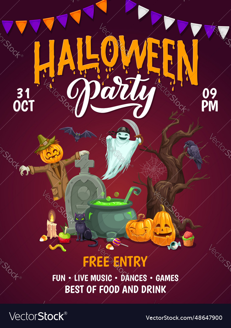 Halloween characters trick or treat party flyer Vector Image