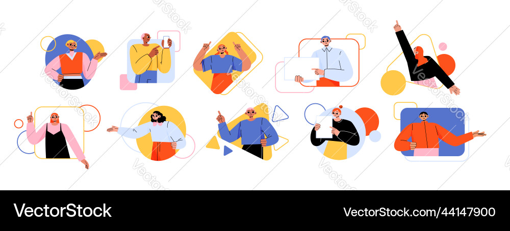 Set pointing people avatars in geometric figures Vector Image