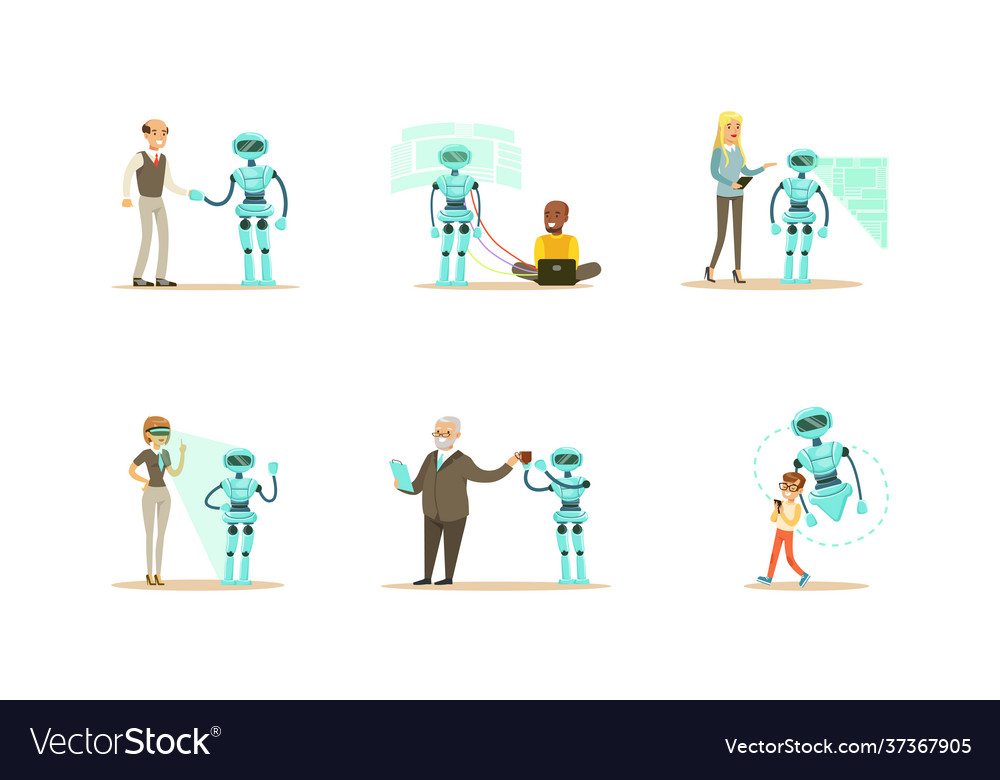 Engineers making and programming robots set robot Vector Image