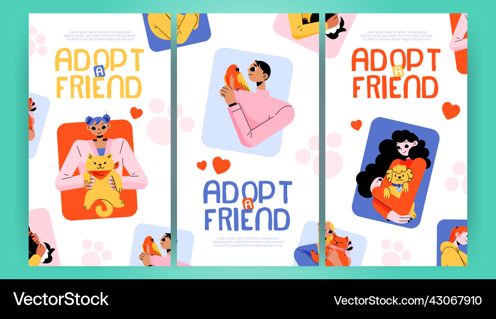 Adopt a friend banners people hugging pets Vector Image