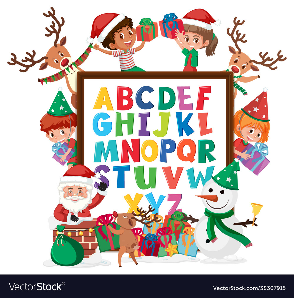 A-z alphabet board with many kids in christmas Vector Image