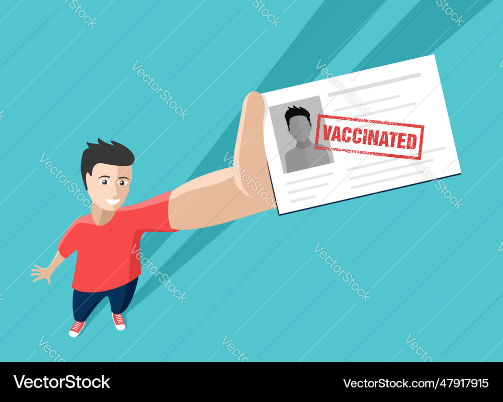 Character shows covid-19 vaccination certificate Vector Image