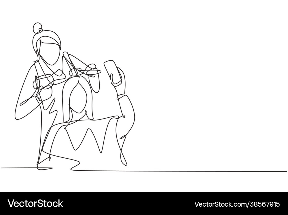 Continuous one line drawing young girl is taking Vector Image