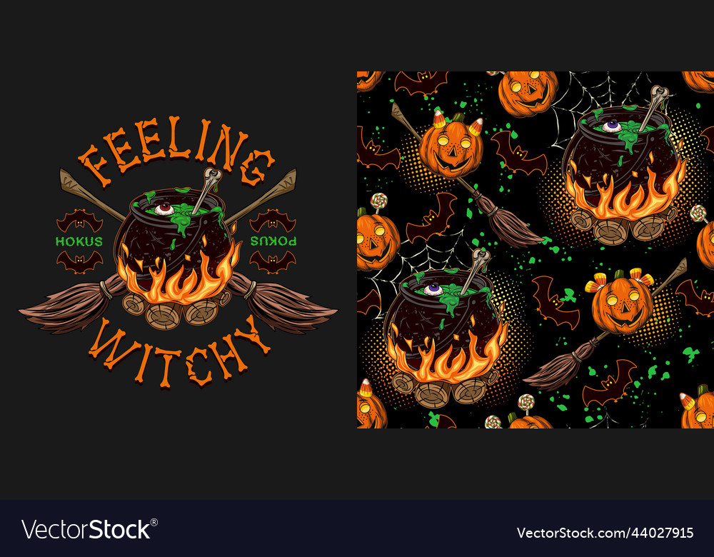 Set of halloween pattern logo with witch cauldron Vector Image
