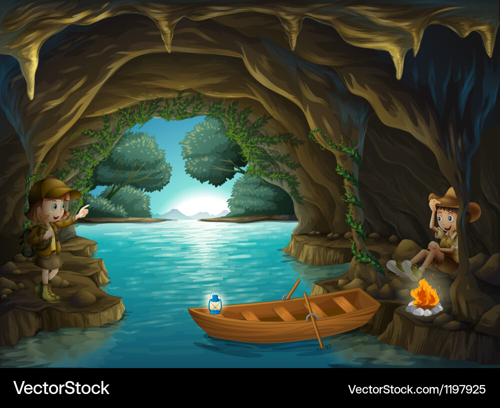 A young girl and boy inside cave Royalty Free Vector Image