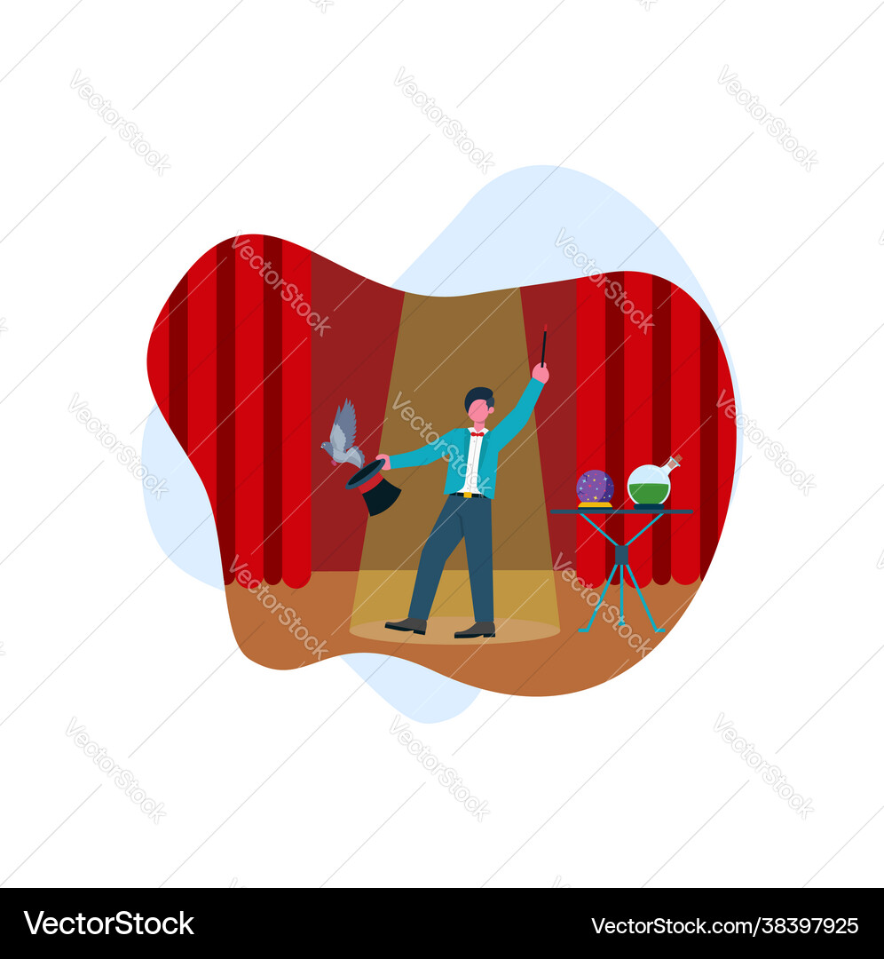 Magician performs on stage with a hat and dove Vector Image