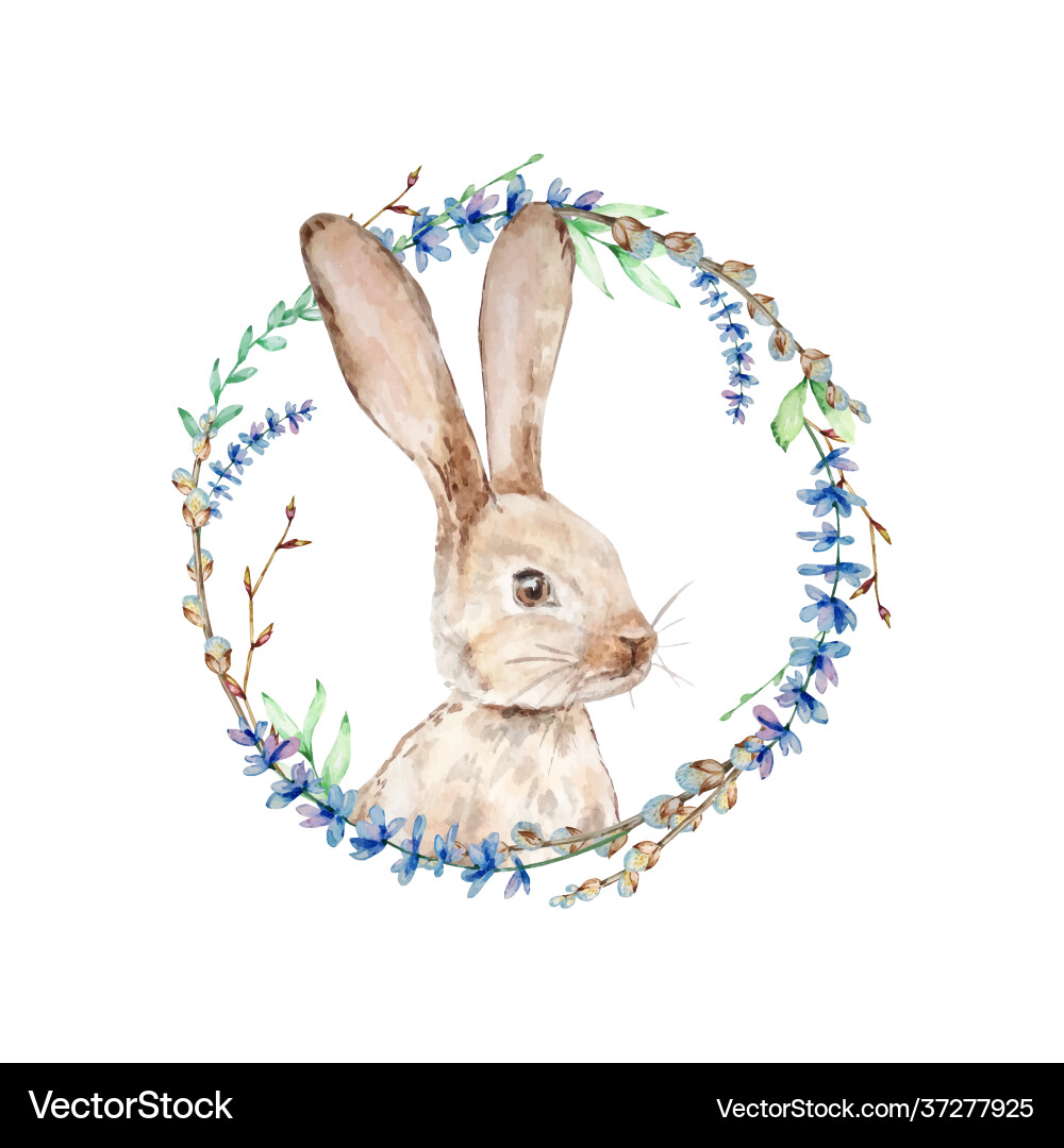 Watercolor easter bunny with floral wreath Vector Image