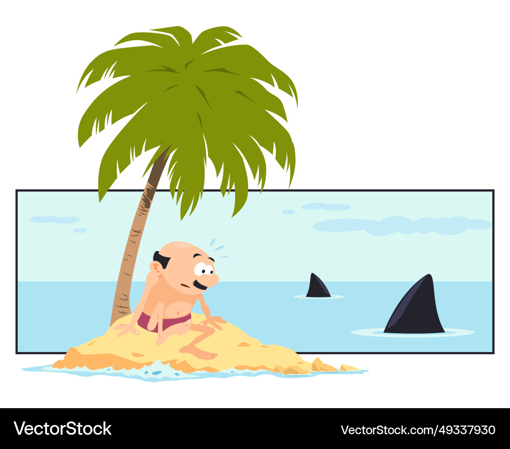 Man on desert island surrounded by sharks Vector Image