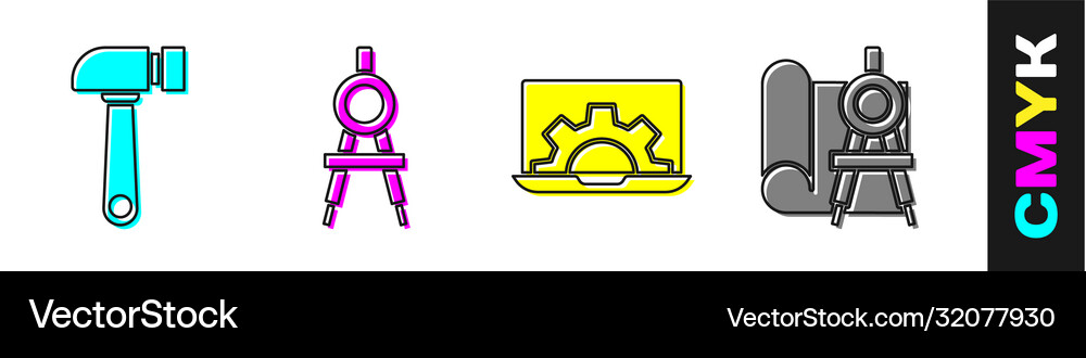 Set hammer drawing compass laptop and gear Vector Image