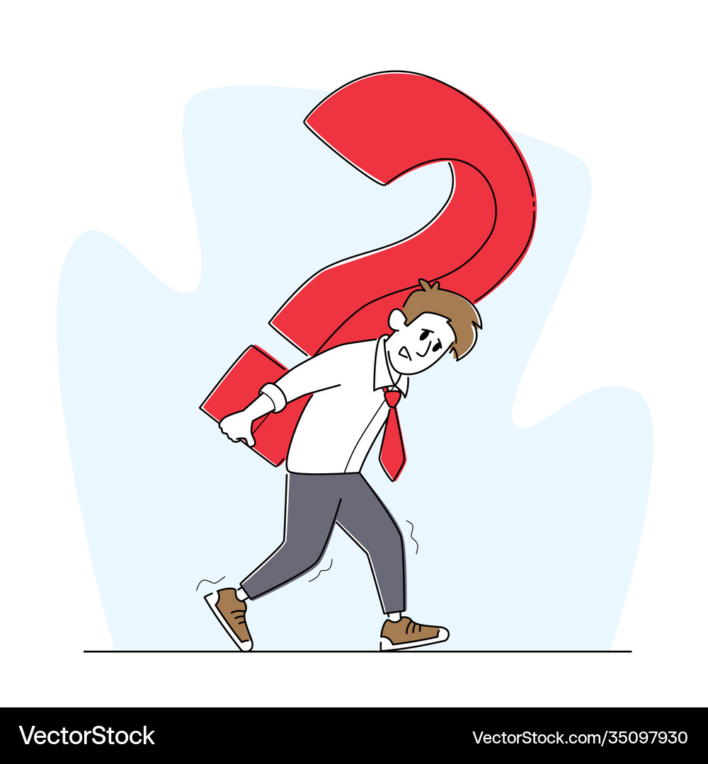 Tired business man carry huge question mark Vector Image