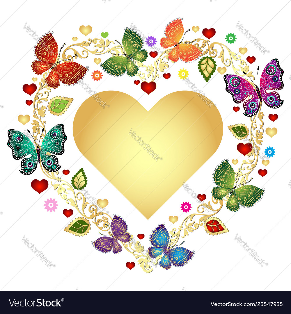 Floral valentine frame with gold heart and Vector Image