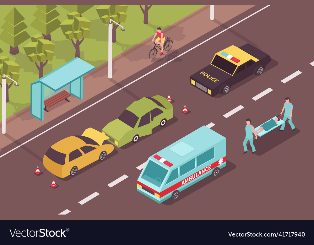 Accident crash isometric composition with outdoor Vector Image Accident crash isometric composition with outdoor Vector Image