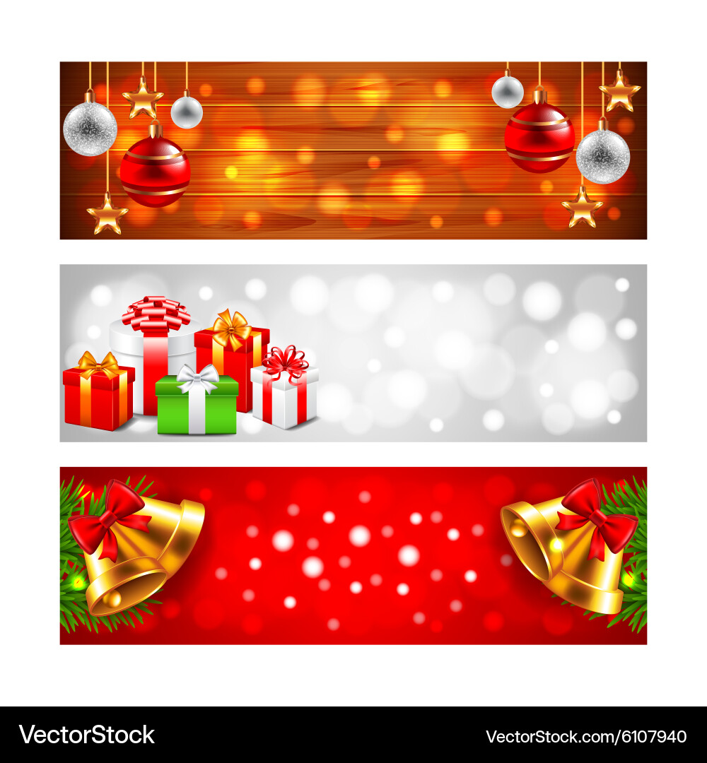 Christmas banners with balls gift boxes and bells Vector Image