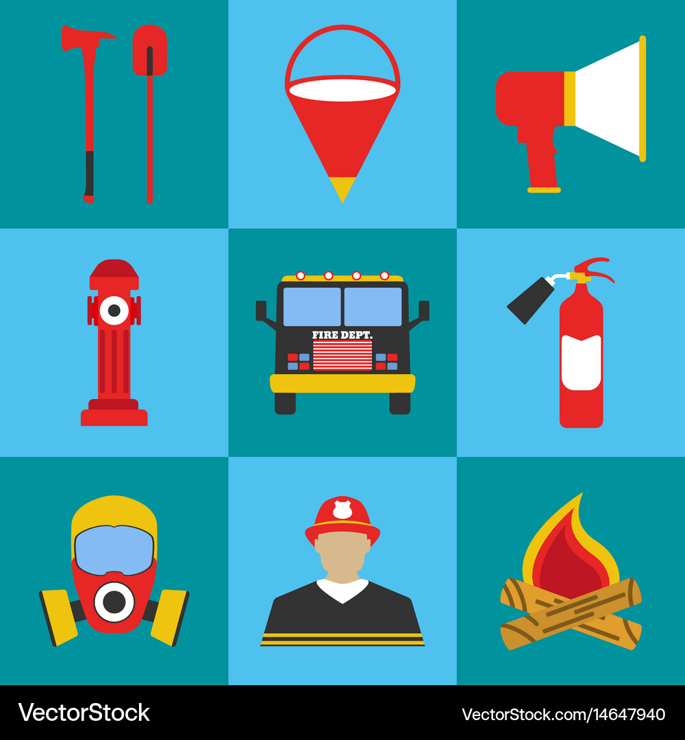 Firefighter icon set fire departament equipment Vector Image