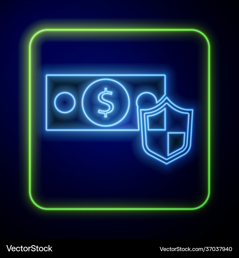 Glowing neon money with shield icon isolated Vector Image