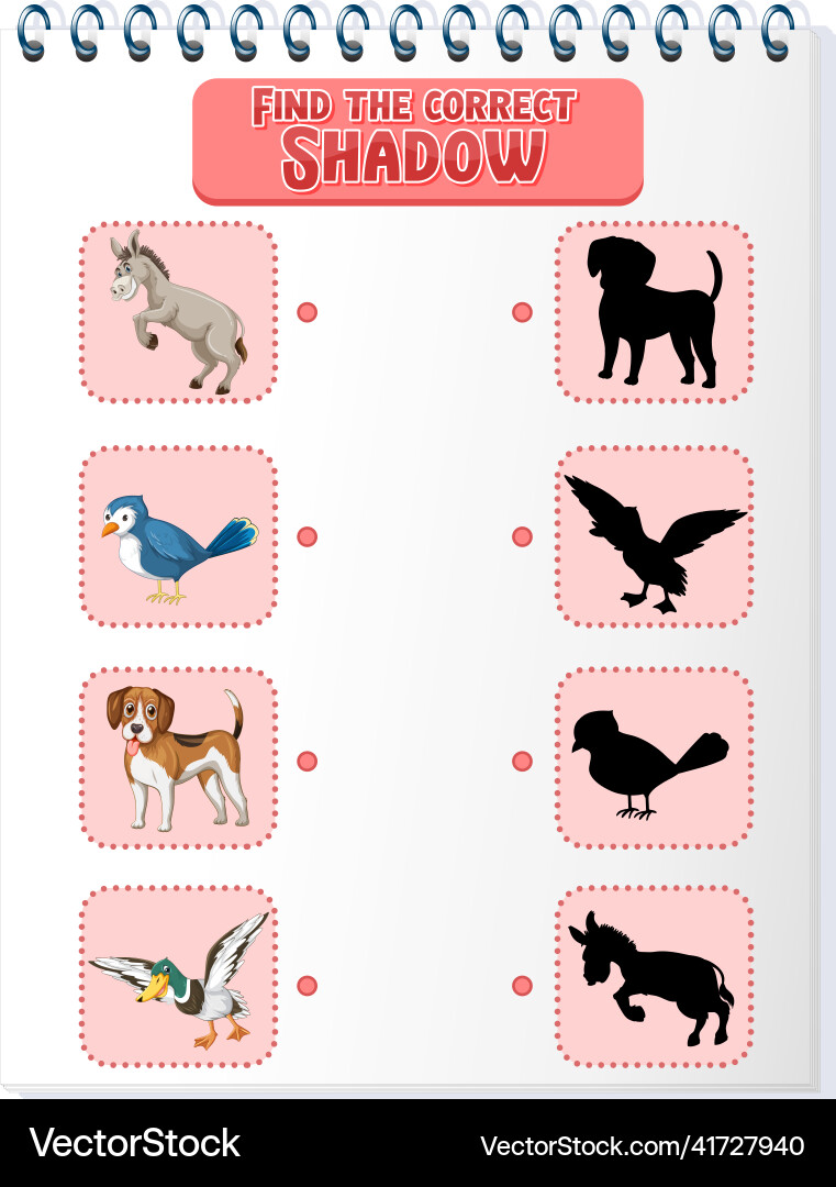 Matching farm animal shadow worksheet Royalty Free Vector