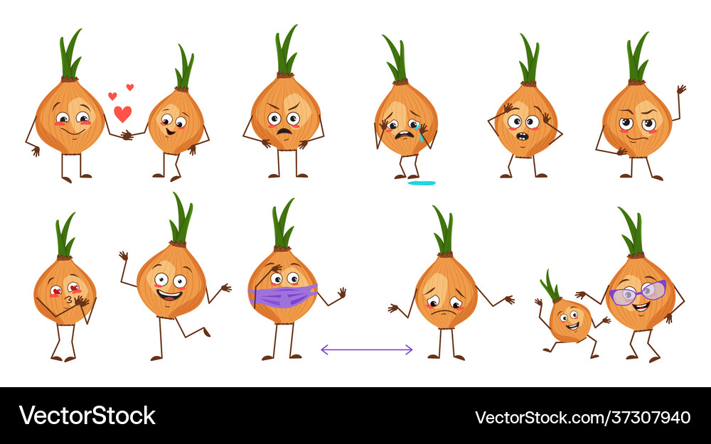 Set cute onion characters with emotions Royalty Free Vector