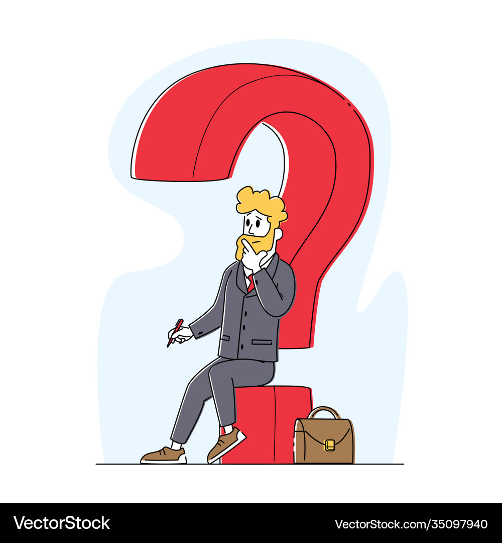 Thoughtful business man sitting on huge question Vector Image
