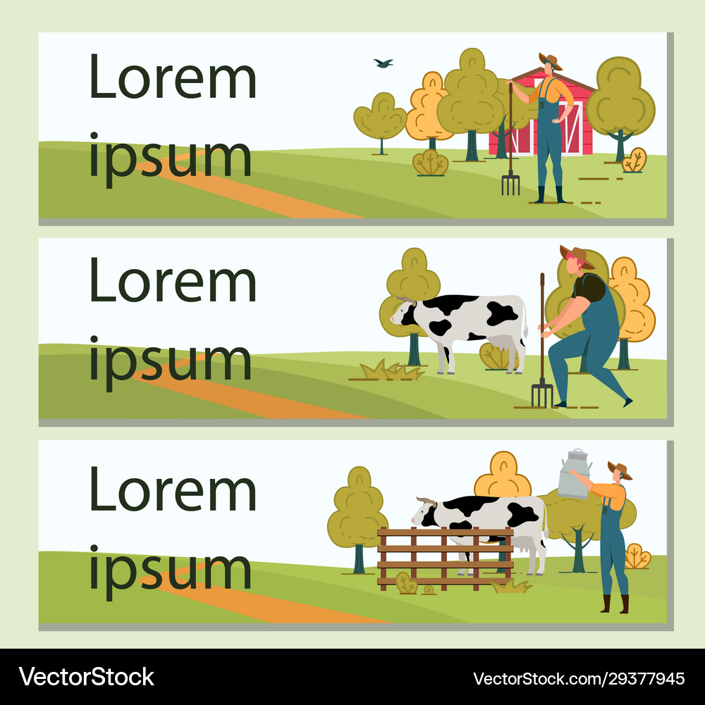 Header banner with rural scene and farmer at work Vector Image