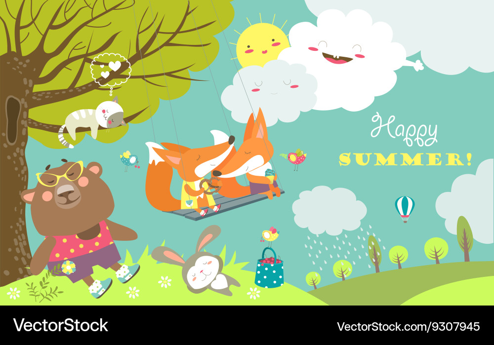 Set of cartoon characters and summer elements Vector Image