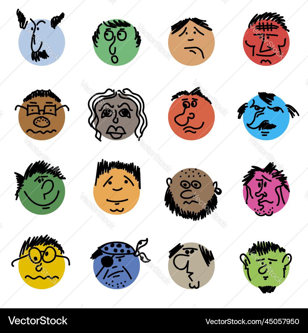 Colored doodle heads round comic faces Royalty Free Vector