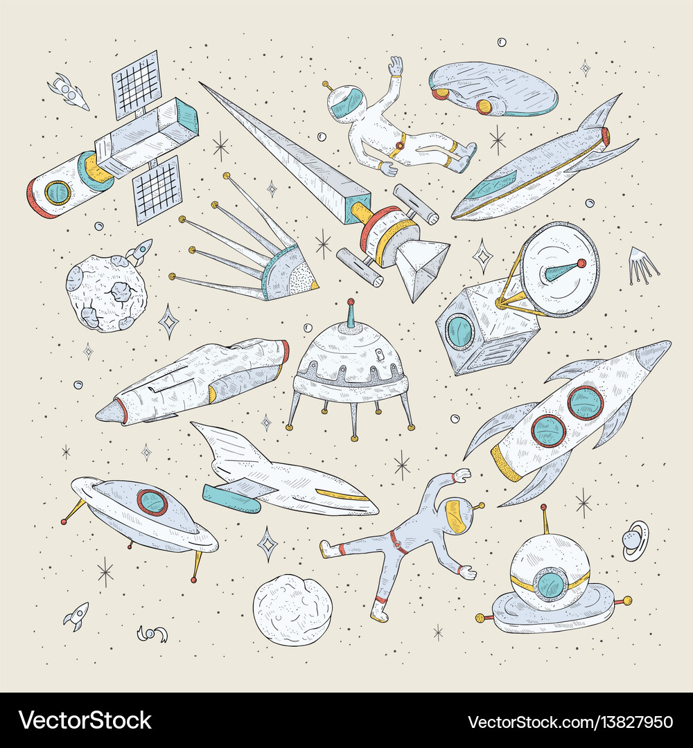 Hand drawn cartoon space planetsshuttles rockets Vector Image