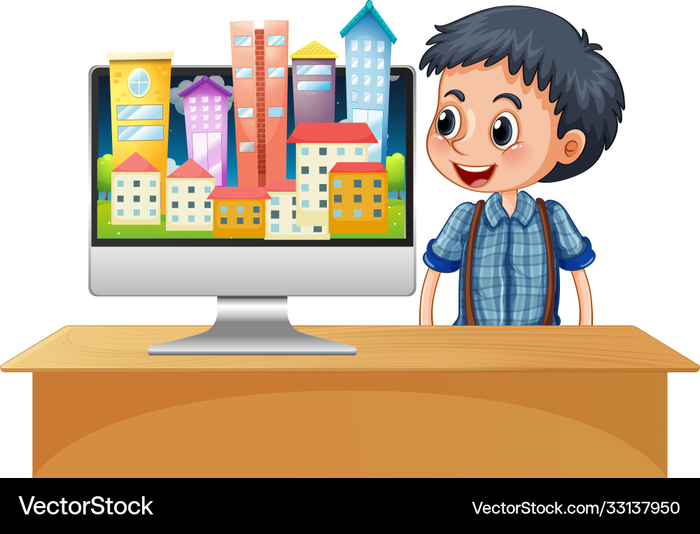 Urban city on computer screen desktop Royalty Free Vector