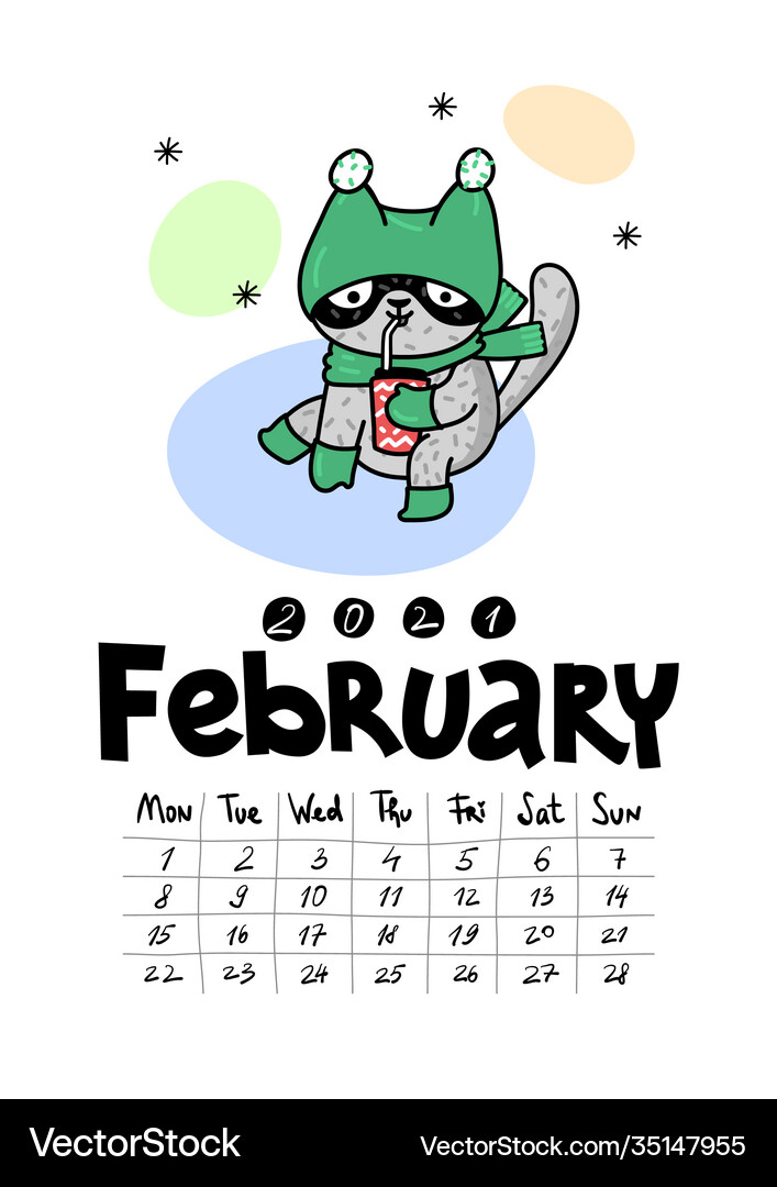 Calendar page with cute cat on white background Vector Image