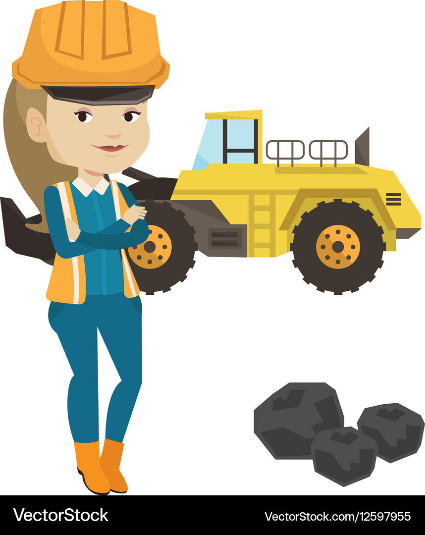 Miner with a big excavator on background Vector Image