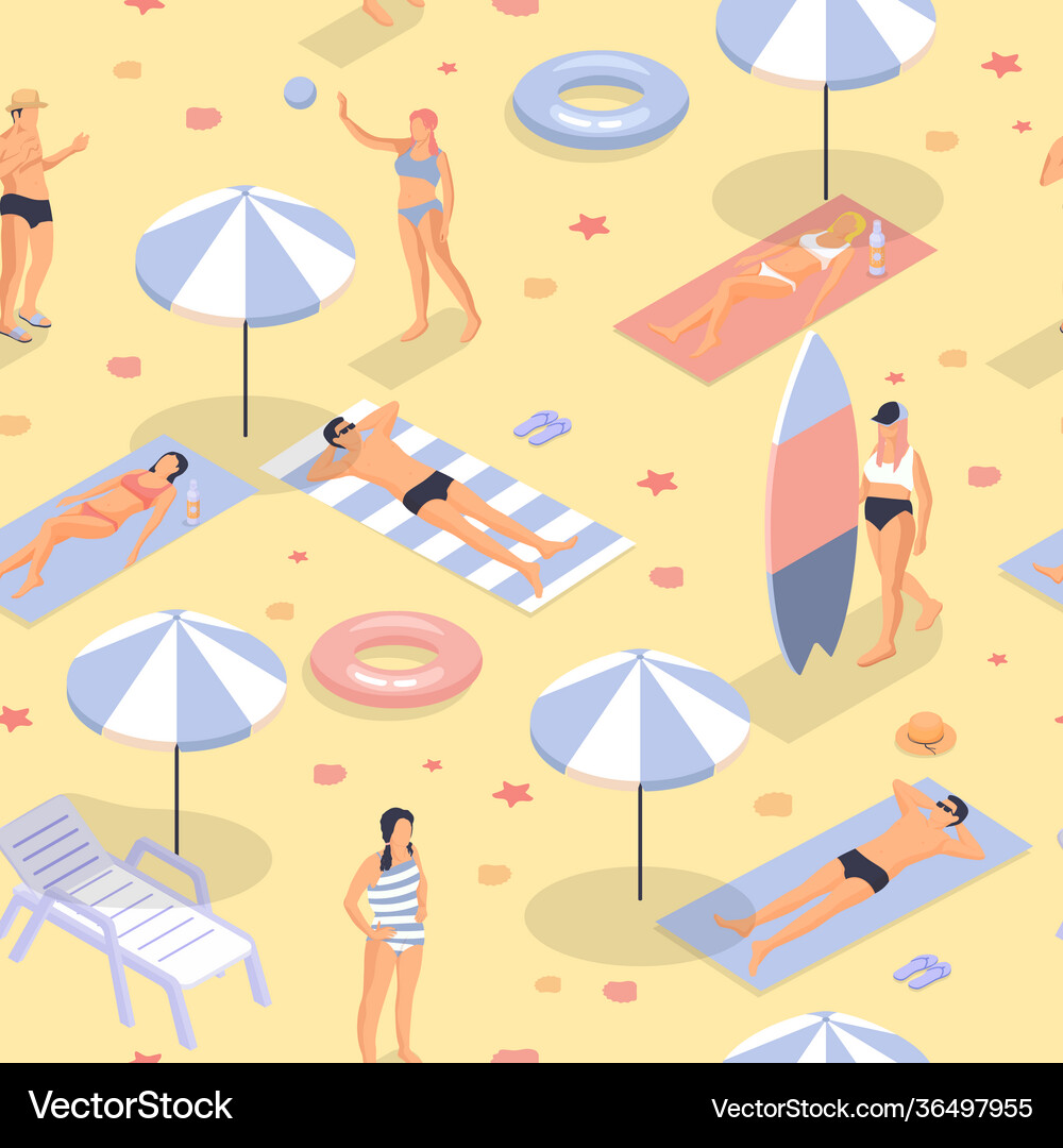 People sunbathe and play beach isometric seamless Vector Image