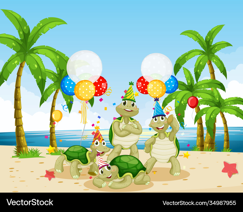 Turtle group in party theme cartoon character Vector Image