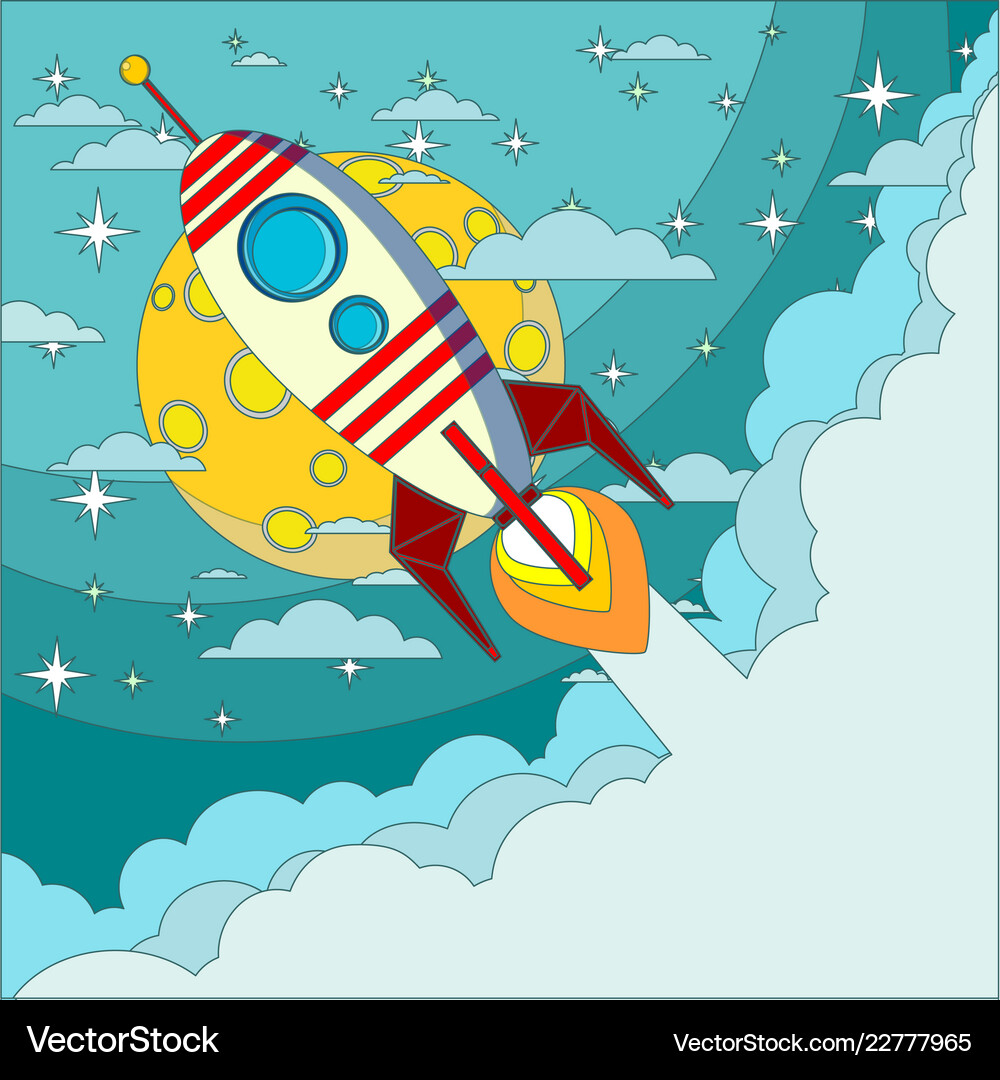 Space rocket flying in with moon and stars Vector Image