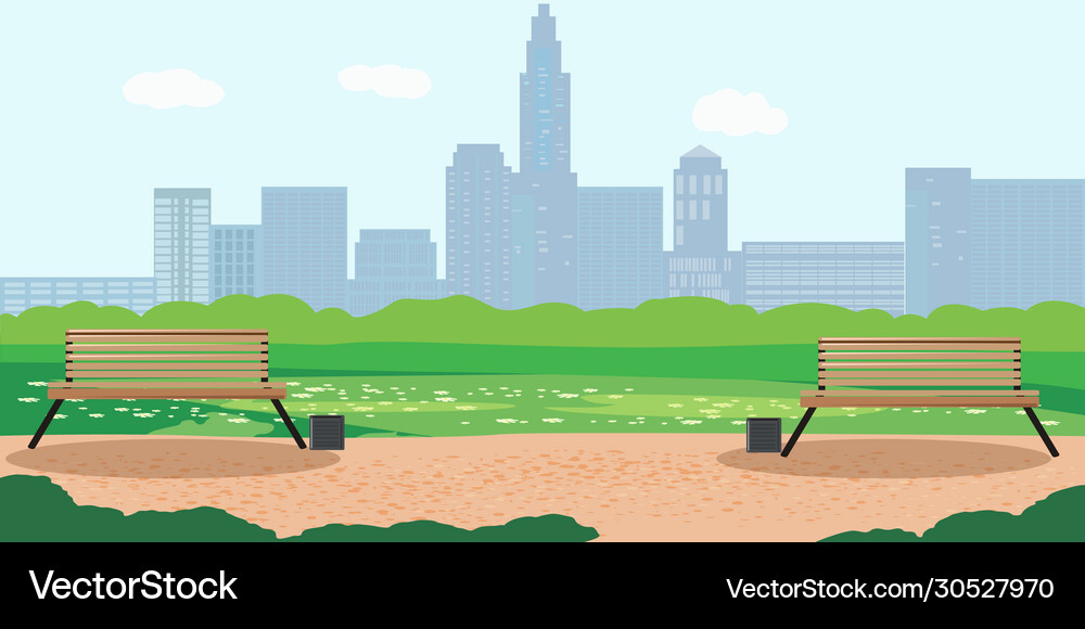 City park in spring with benches and paths Vector Image