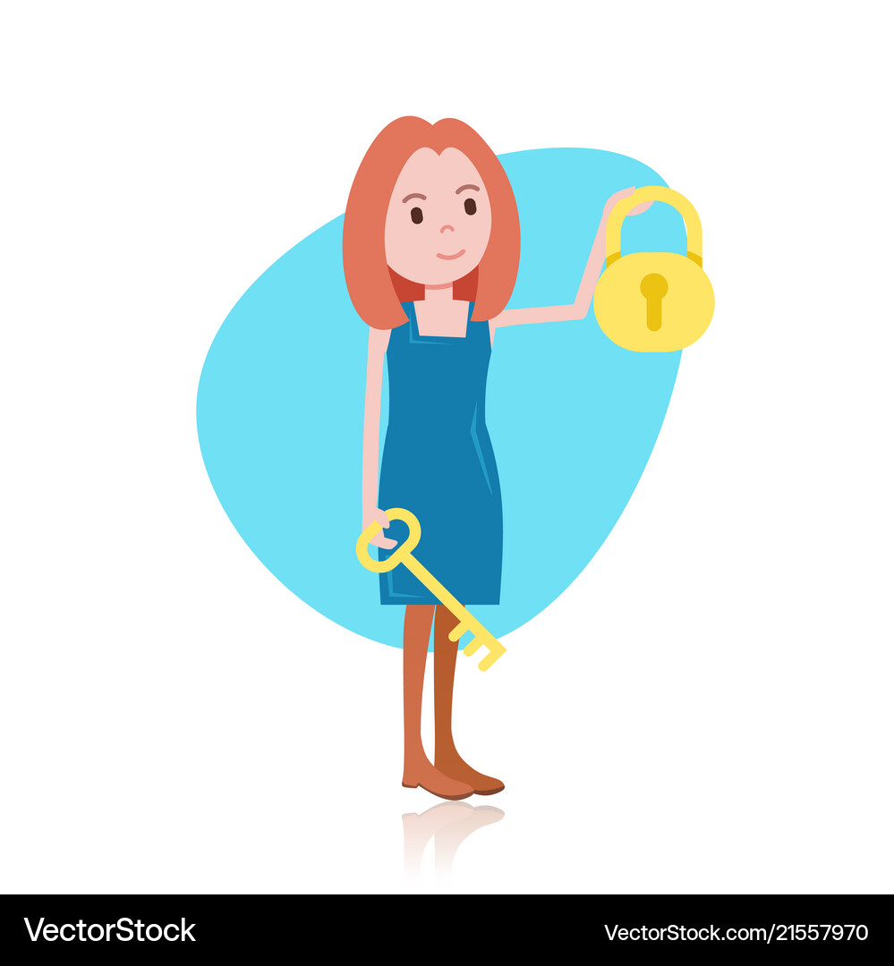 Woman character holding key lock template Vector Image