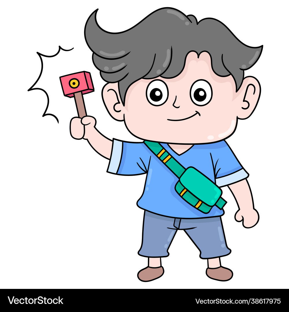 Handsome faced boy carrying a camera is recording Vector Image