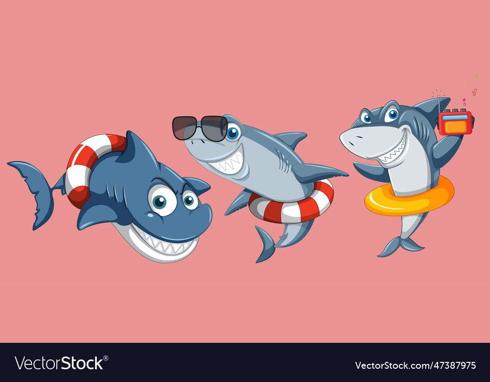 Set of summer shark cartoon character Royalty Free Vector