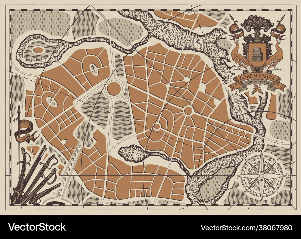Abstract city map with coat arms and wind rose Vector Image
