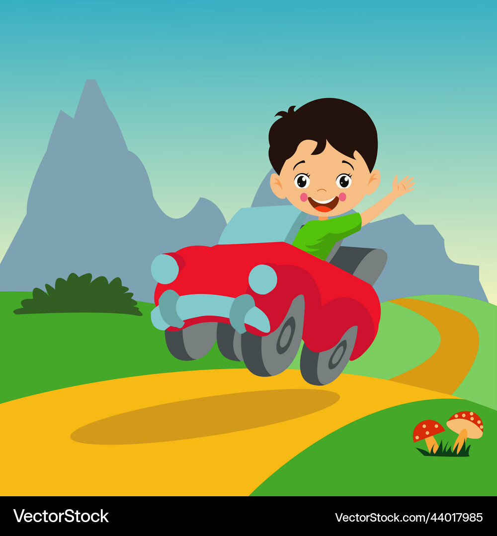 Boy taking a ride in his red car Royalty Free Vector Image