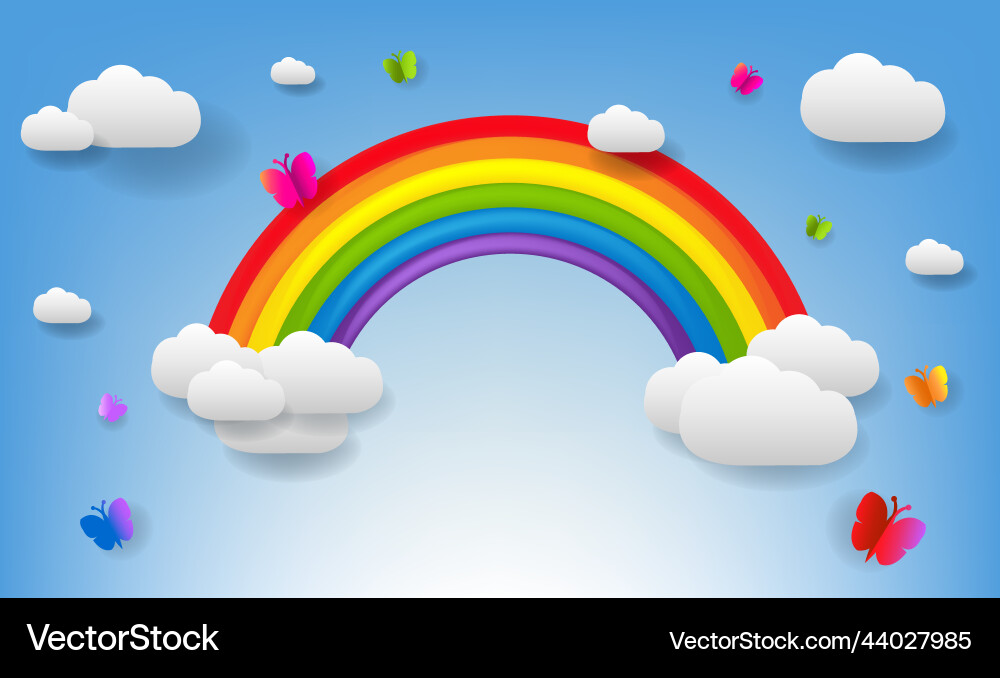 Green grass and butterfly and rainbow Royalty Free Vector