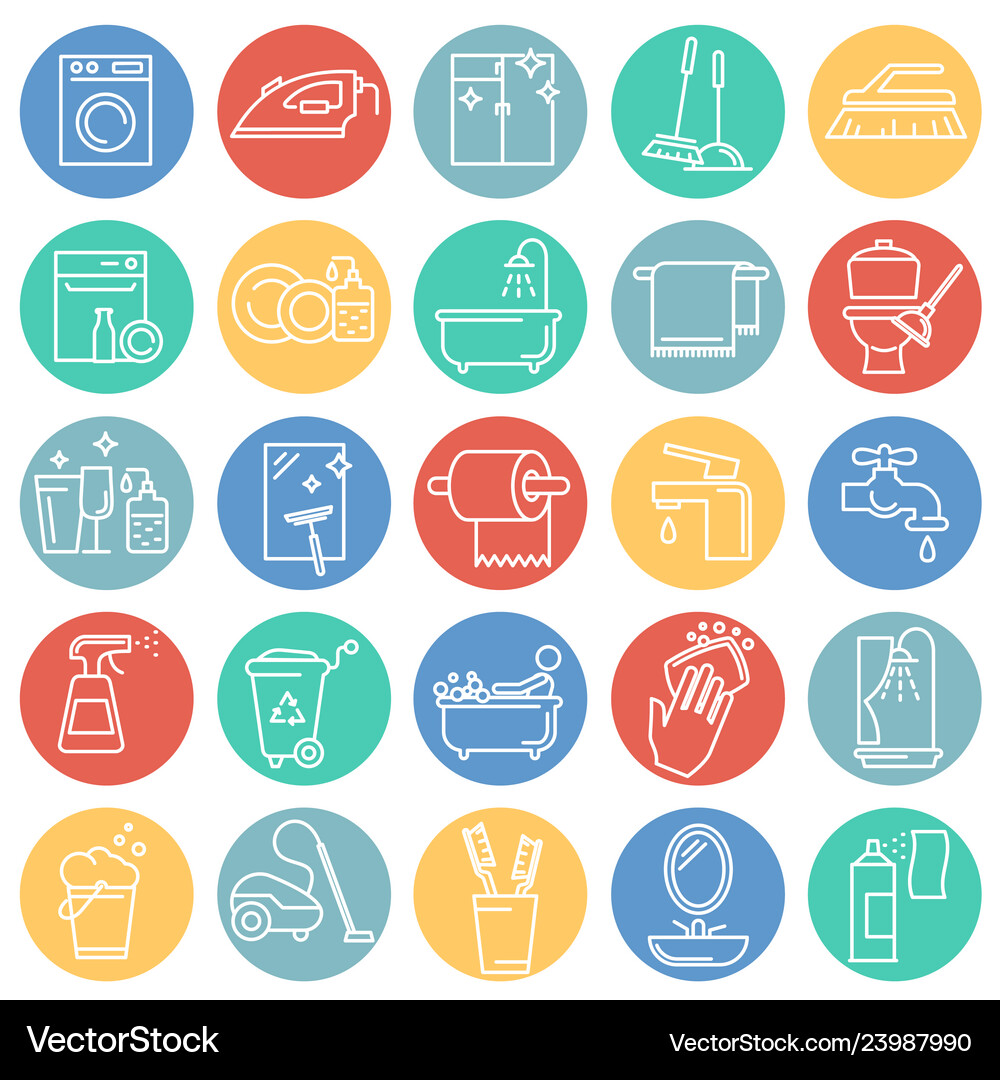 Cleaning icon set on color circles white Vector Image