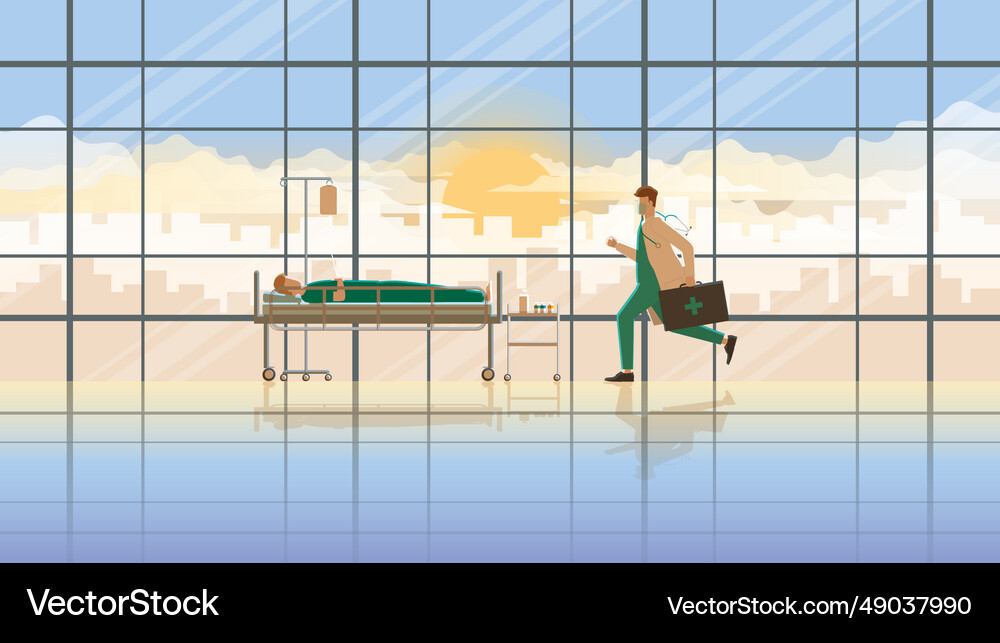 Doctor suddenly runs for a sick patient sleeping Vector Image