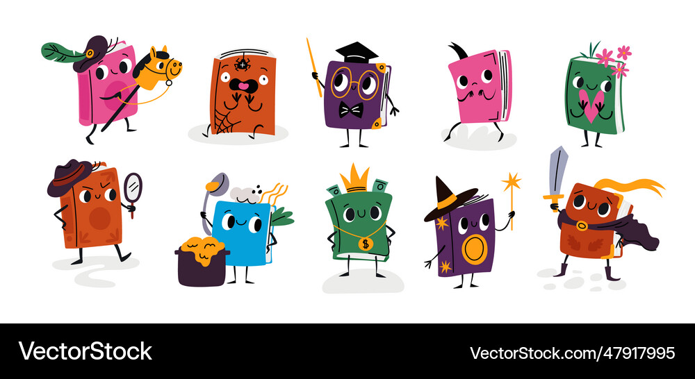 Cartoon books characters cute library Royalty Free Vector