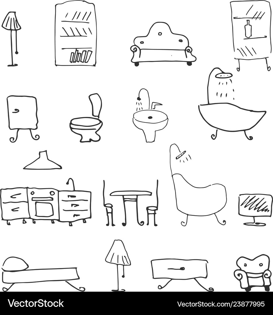 Furniture set hand-drawn on white background Vector Image
